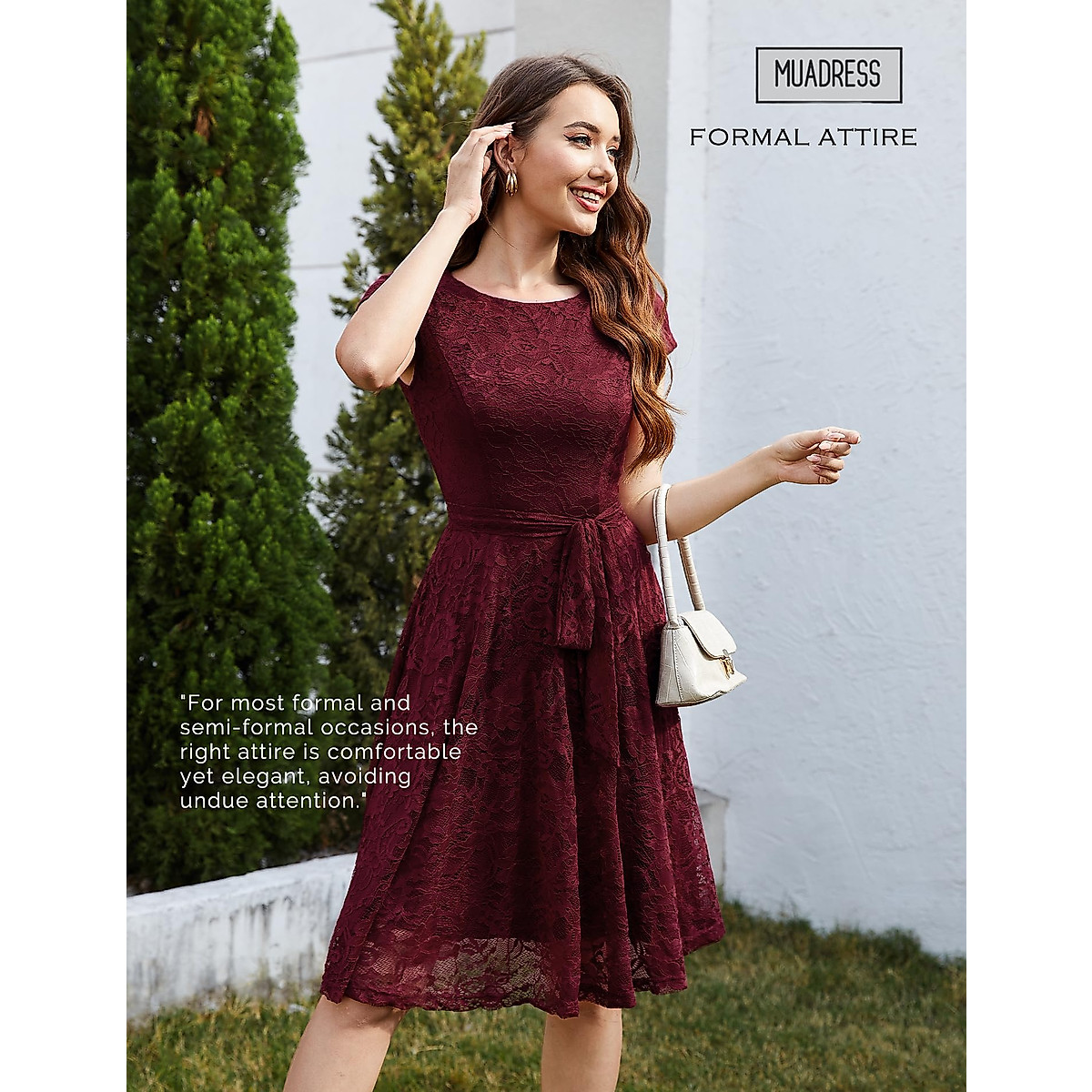 MUADRESS Women Cap-Sleeve Lace Floral Elegant Cocktail Dress Crew Neck Knee Length Bridesmaid Prom Dresses for Party Burgundy XL