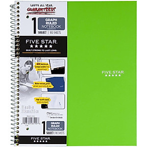 Five Star Spiral Notebook, Graph Ruled, 1 Subject, 8.5 x 11 Inches, 100 Sheets, Assorted Colors (06190), Pack Of 6