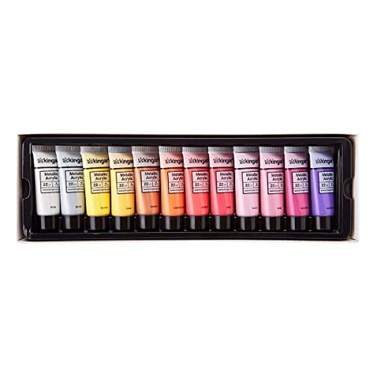 KINGART Metallic Acrylic Paint, Set of 24 Colors, 0.74 oz/22 ml Tubes with Storage Box, Rich Pigments, Non Fading, Non Toxic Paints for Artist & Hobby Painters, Art Supplies for Canvas Painting