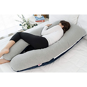 Meiz Pregnancy Pillow, Cooling Pregnancy Pillows for Sleeping, Full Body Pregnancy Pillow with Reversible Cooling Jersey Cover & Velvet Cover, Blue & Grey
