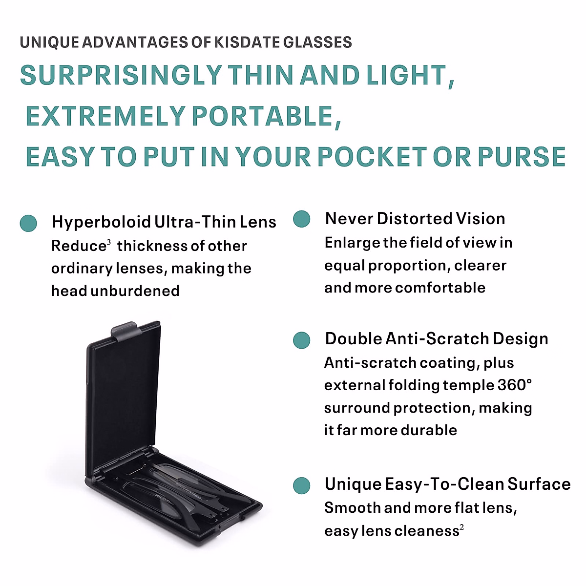 Kisdate Ultra-light and Thin Foldable Reading Glasses Folding Readers for Men Women Compact Portable Rectangle Eyewear Case