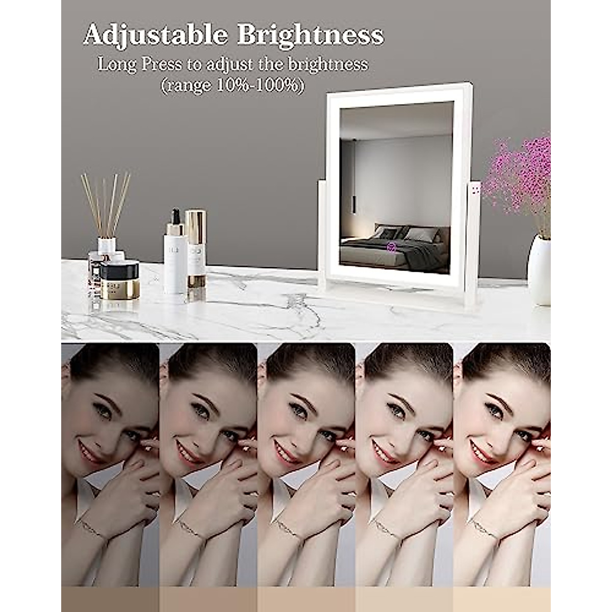 GANAIHQGROWING Classic Vanity Mirror with Lights,13 in Tabletop Lighted Makeup Mirror LED Lights for Over Sink, Smart Touch Control, Stepless Dimmable 3 Colors Lighting Modes