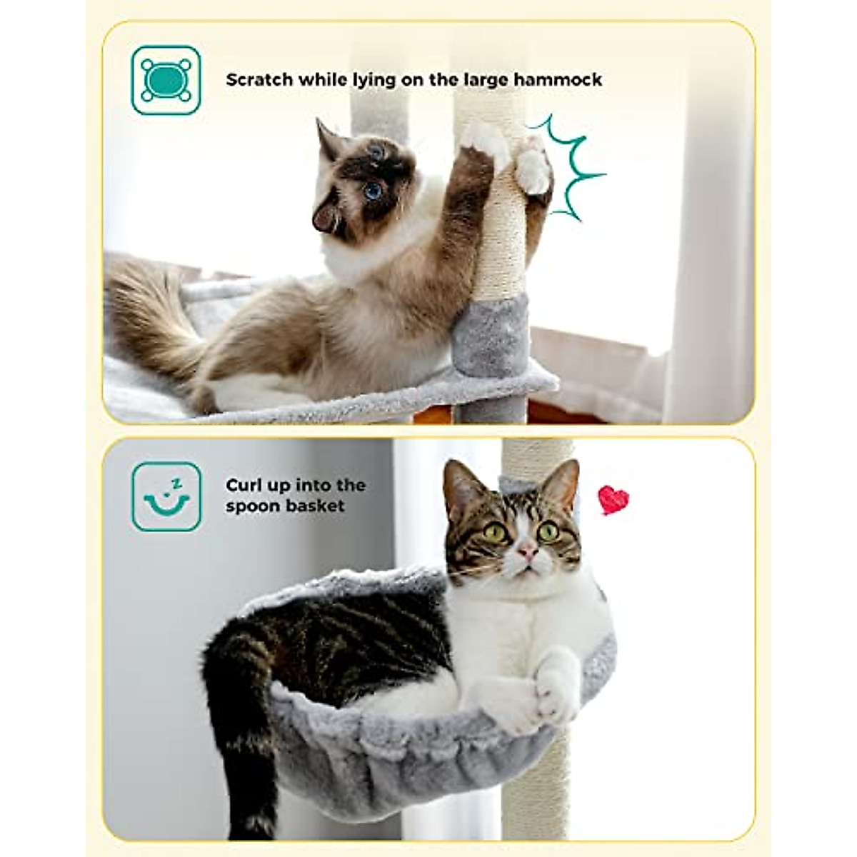 PETEPELA Cat Tree for Large Cats, 56.3" Multi-Level Cat Tower with Sisal Scratching Posts, Super Large Hammock(20"x17") and Top Cat Perch for Heavy Cats, Grey