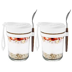 SMARCH Newest Overnight Oats Container with Lid and Spoon, 16 oz Glass Mason Jars with Lid, Upgrade Airtight Wide Mouth Oatmeal Jars for Meal Prep,Candy,Milk,Cereal,Fruit,Overnight Oats On The Go Container (White)