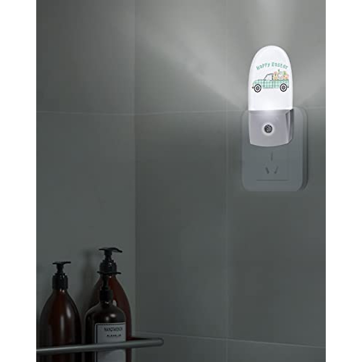 Plug-in LED Night Light with Auto Light Sensor - Popsicle Shape Nightlight Baby Night Lights for Hallway Bedroom Kids Room - Happy Eater Green Plaid Truck with Eater Egg and Rabbit