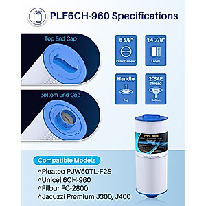 POOLPURE PLF6CH-960 Spa Filter Replaces PJW60TL-F2S, Jacuzzi Filters J-300, J400, Filbur FC-2800, 6540-476, 6540-383, Hot Tub Filter with Closed Handle(Not be Removed) 1PACK