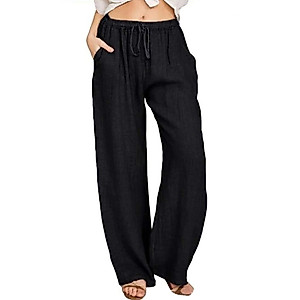loveimgs Women's Casual Wide Leg Elastic Waist Loose Lightweight Summer Linen Beach Pants Drawstring (Black, XL)