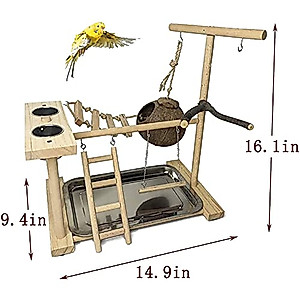 Hamiledyi Bird Playground for Conures Parrot Playstand Cockatiel Play Stand Wood Perch Gym Playpen Ladder Swing Chew Toy with Feeder Cups for Lovebirds Parakeet Cage Accessories Exercise Platform