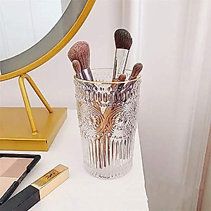 Iridescent Embossed Drinking Glass Gold Rim Water Glass Baroque Clear Crystal Unleaded Wine Milk Juice Coffee Glass,11.7oz,Makeup Brush/Pen/Pencil/Toothbrush Holder (Large)