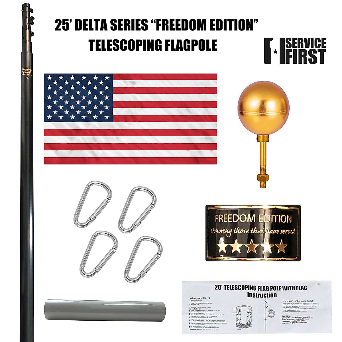 Service First Black Heavy Duty 25FT Telescoping Freedom Edition Residential Flagpole Kit - Anti Tangle Swivel Ring Design - Stainless Steel Clips - 100MPH Wind Tested