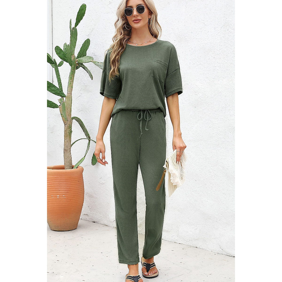 JiniGolla Womens Pajama Sets Waffle Short Sleeve Pj Set Sleepwear Two Piece Loungewear Lounge Sets Green M