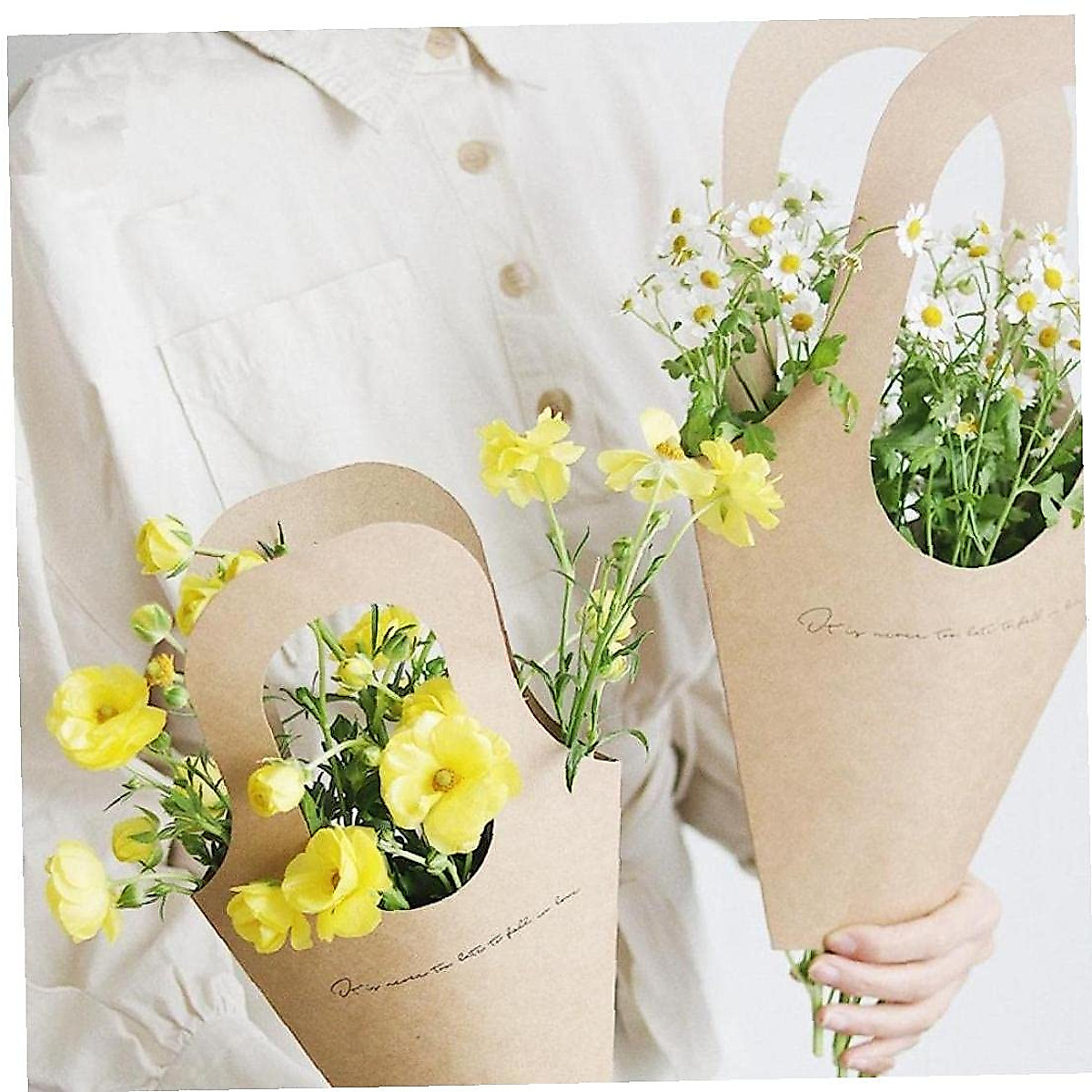 Pinicecore 5pcs Handle Kraft Paper Flower Bags Flowers Wrapping Gift Flower Packaging Home Decoration