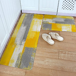 Debedcor Yellow Kitchen Rugs and Mats Set of 2, Oil Painting Non-Skid Yellow and Grey Bathroom Rugs, Kitchen Runner Geometric Rug Floor Mat for Sink/Laundry Room/Office, 15.7"x23.6"+15.7"x47.2"