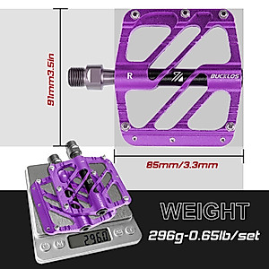 BUCKLOS MTB Flat Pedals Mountain Bike Pedals, 3 Bearings CNC Adult Road Bike Pedals, Bicycle Platform Aluminum Alloy Non-Slip Pedal for Gravel Bike/BMX 9/16"(Purple)