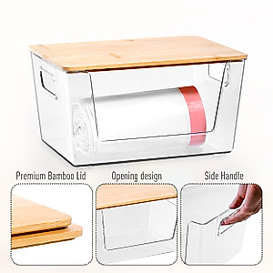 Citylife 2 PCS Small Stackable Storage with Bamboo Top Acrylic Trash Bag Dispenser Open Laundry Room Organizer with Handle