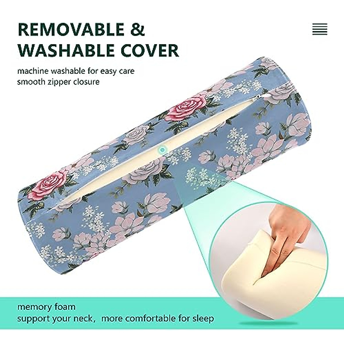 Vnurnrn Pink Rose Flowers Neck Support Pillow Round Neck Roll Bolster Cylinder Pillow Cervical Pillows Back Pillow for Leg Knee Back Head Support for Bedroom Camp Work Women Men
