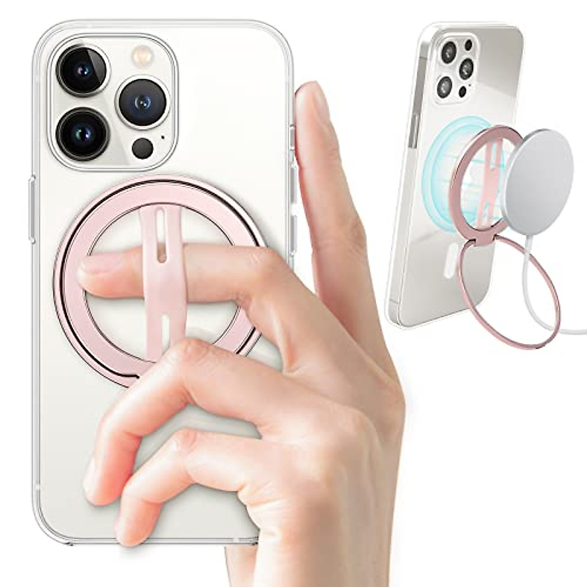 EWA Magnetic Phone Grip and Stand with Silicone Finger Strap for Magsafe, Ring Holder Adjustable Kickstand Loop, Only for iPhone 13, 12 Pro/Pro Max/Mini (MG201-RoseGold)