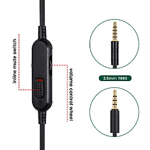 G Pro X Cord, Detachable Gaming Headset Cable Replacement for Logitech G Pro / G433 / G233, 3.5mm(1/8") Nylon Braided Wire with Inline Mute Switch and Volume Controller, 6ft Long