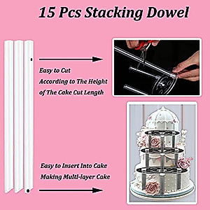 KISEER 5 Pieces Cake Separator Plates Stands with 24 Pieces Plastic Cake Dowels Rods and 15 Pieces Clear Cake Sticks Support Stacking for 4 6 8 10 12 Inch Tiered Cakes