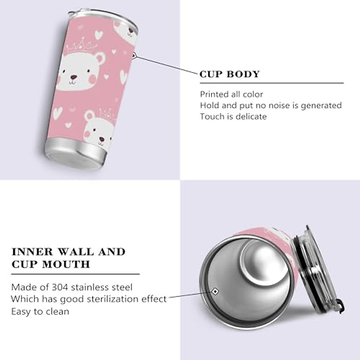 Cartoon Cute White Valentine Bear Stainless Steel water bottle with straw Leak-proof Lid and Straw travel coffee mug spill proof for Home, Office or Car cute straw tumbler 20 OZ