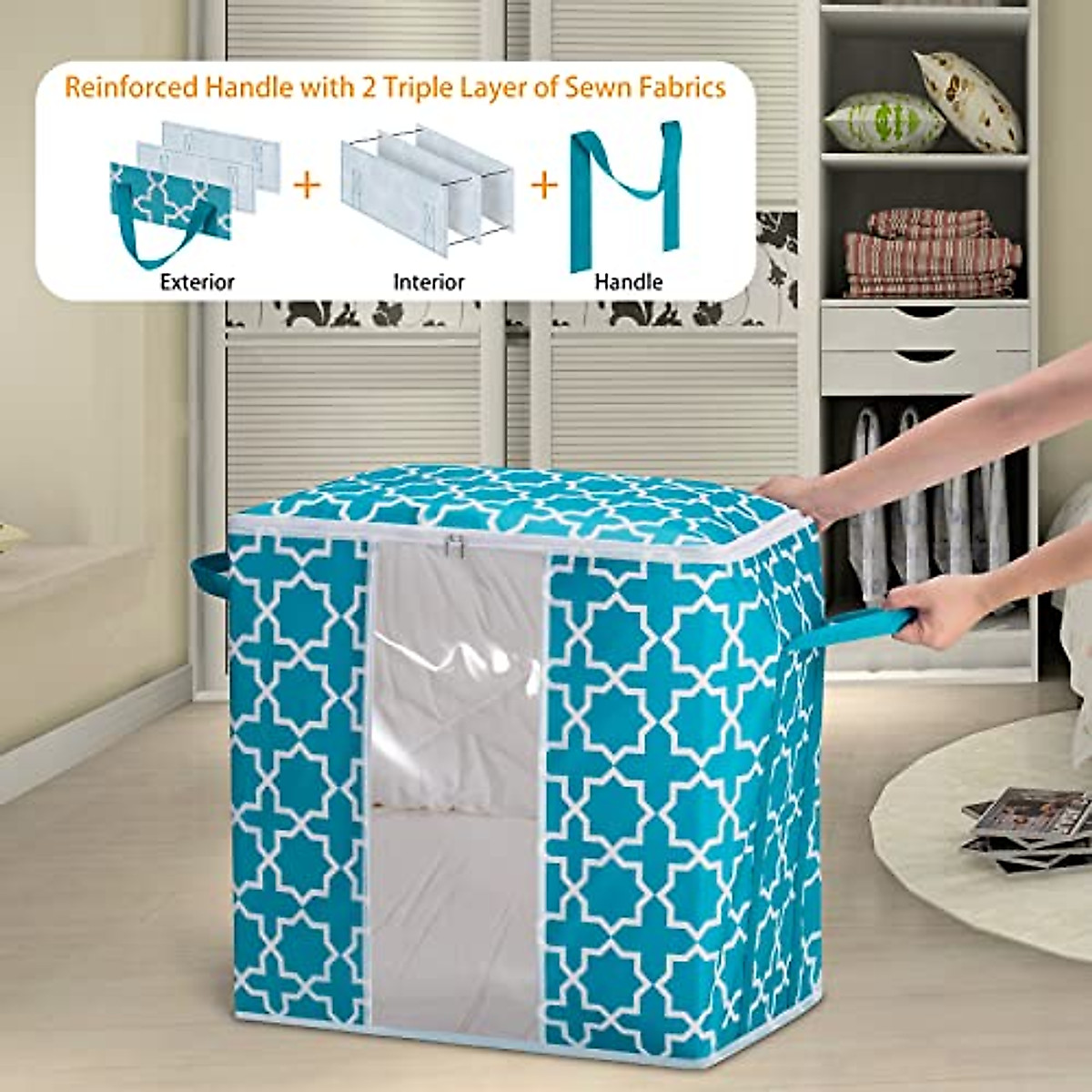 PFFVRP Storage Bags 100L 6-Pack, Blanket Clothes Organization with Reinforced Handle and Clear Window, Foldable with Sturdy Zipper, Large Capacity Comforter Storage Bag(Blue)