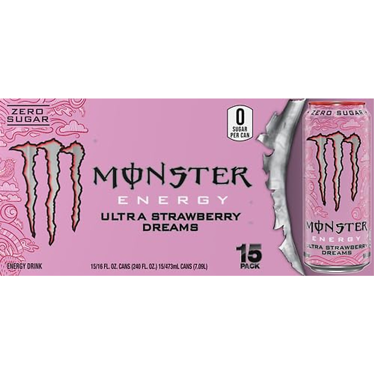 Monster Energy Ultra Strawberry Dreams, Sugar Free Energy Drink, 16 Ounce (Pack of 15)