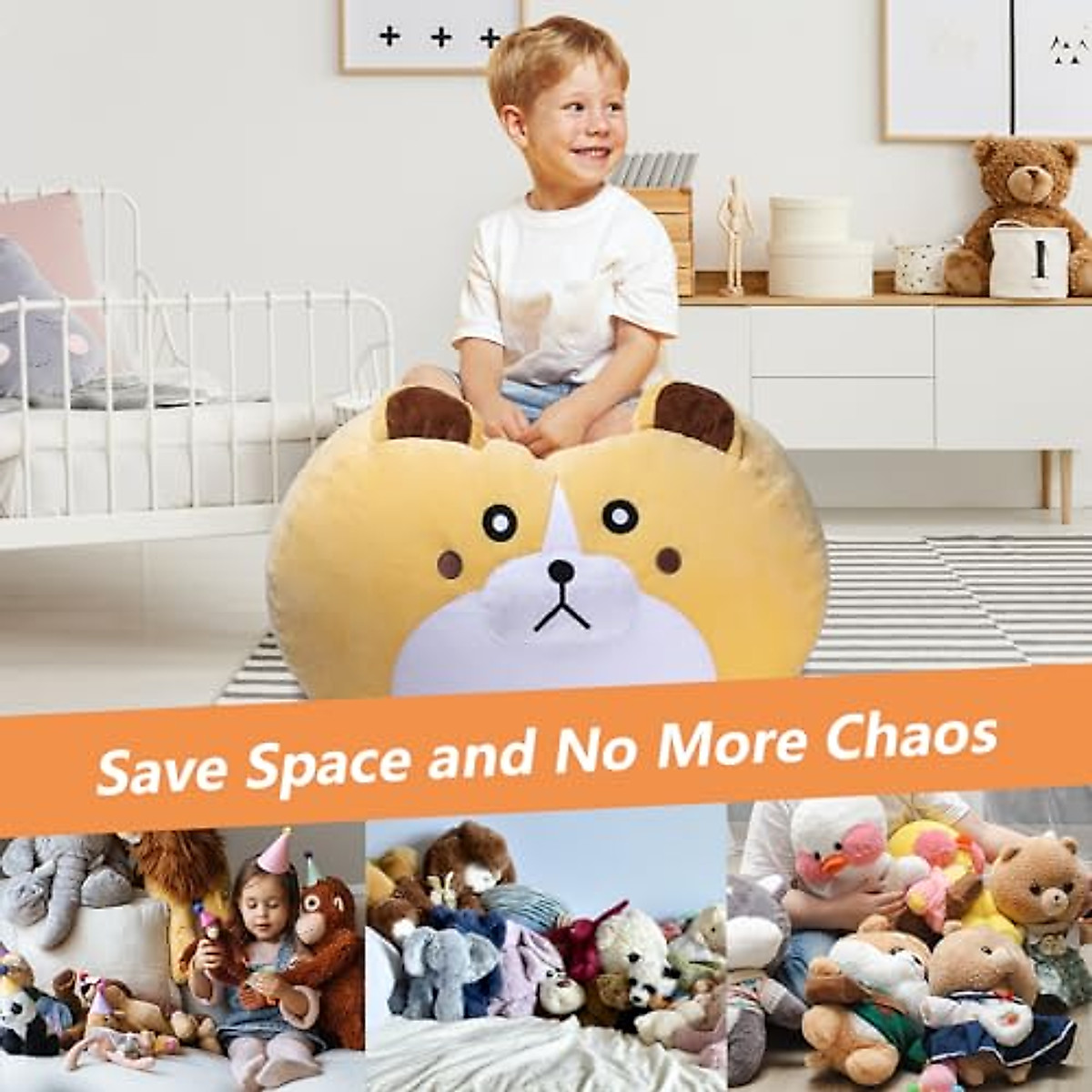 Kids Bean Bag Chair Stuffed Animal Toy Storage Bag for Kids,X-Large Extra Soft Boys Girls Toys Storage Bags,Storage Organizer Beanbag Chairs with Zipper, 33×27×17 Inch Dog (Cover Only)