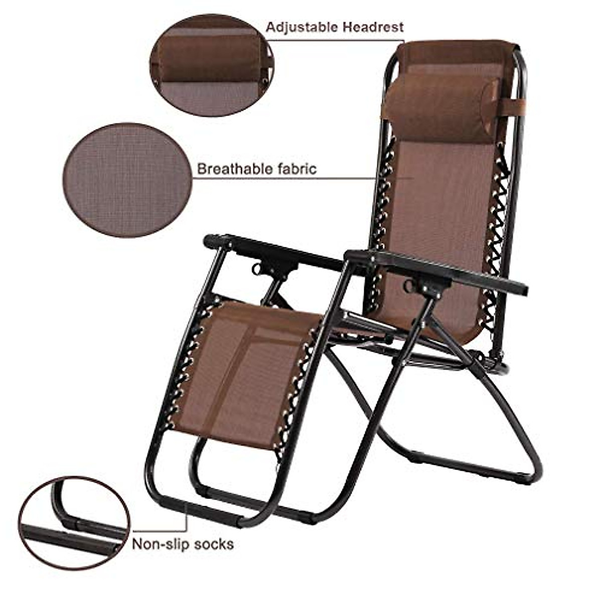 Zero Gravity Chair, Outdoor Folding Adjustable Lounge Chair Chaise 250Lbs Weight Capacity Recliner with Cup Holder and Pillows for Patio, Pool, Beach, Lawn, Deck, Yard - Brown