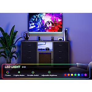 Decofy Dresser for Bedroom with LED Lights and Power Outlets, 8 Drawers TV Stand Dresser for 65 Inch TV, Fabric Chest of Drawers with Open Shelves, Black Dressers for Bedroom, Closet