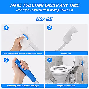Foldable Toilet Aids for Wiping, Jhua 15.7" Long Reach Comfort Wipe Bottom Grips with Hook, Toilet Paper Aids Tools Tissue Grip Self Wipe Assist Holder, Blue
