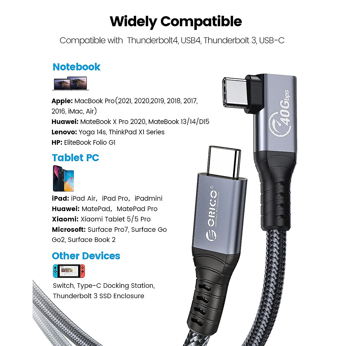 ORICO Cable Compatible with Thunderbolt 4 Right Angle 2.62FT, 40Gbps USB C to USB C Cable with 100W Charging/Display 8K@ 60Hz for MacBooks, iPad Pro, Thunderbolt 4/3 Hub and USB-C Device
