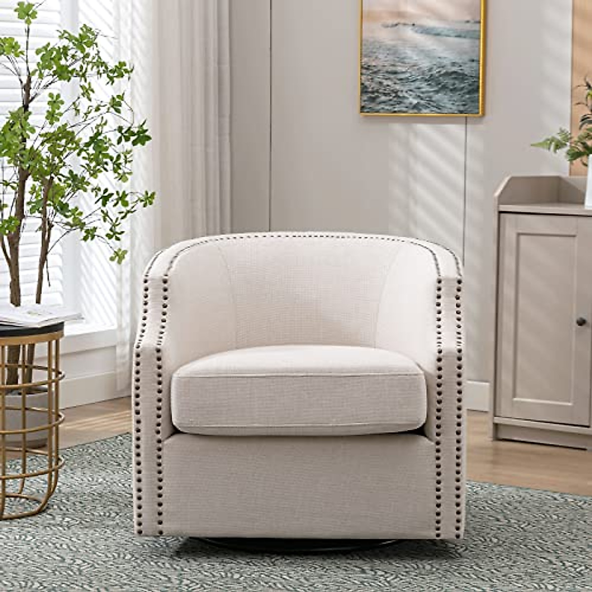 Swivel Glider Nursery Chair Rocker- Comfy Rocking Chair for Baby Nursery Mid Century Modern Accent Barrel Chairs for Living Room Curved Arm Chair with Nailhead Round Club Chair for Bedroom Beige