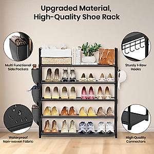 VILICK 5 Tier Shoe Rack with Hook and Side Pocket,Shoe Organizer Space Saver Storage for 20-25 Pair Shoe Storage Shelf Sturdy Free Standing Long Shoe Rack Organizer for Closet,Entryway,Small Spaces