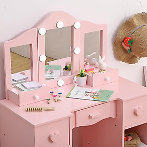 GarveeHome Kids Vanity with Lights,2 in 1 Wooden Princess Makeup Desk Dressing Table,Girls Vanity Table with Mirror, Light,Stool & Drawer,Toddler Vanity,Pretend Play Vanity Set for Little Girls
