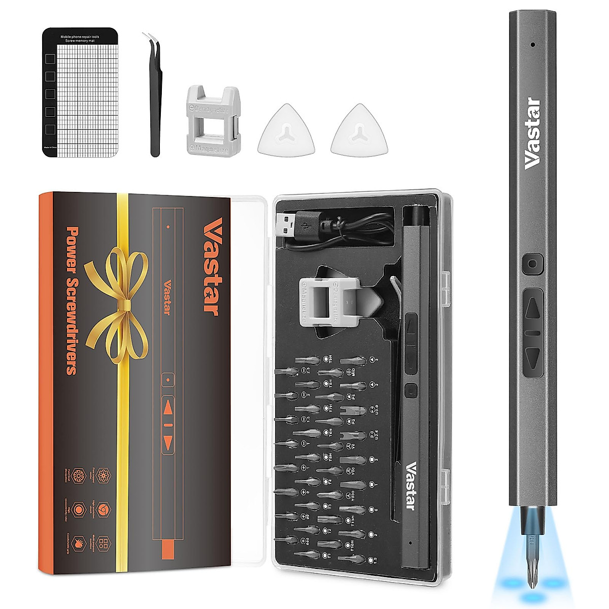 Vastar Mini Electric Screwdriver, 42 in 1 Cordless Precision Screwdriver Set with 34 Magnetic Precision Bits, Rechargeable Portable Repair Tool Kit with LED Lights for Phones Laptops Glasses Camera