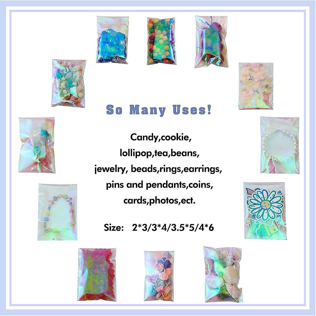 4 Size 240 Pieces Resealable Reliable Bags Iridescent Holographic Cellophane Treat Bag, Self-Sealing Bag for Candy Aluminum Foil Bags for Baby Shower Weddings Girl Themed Birthday Party