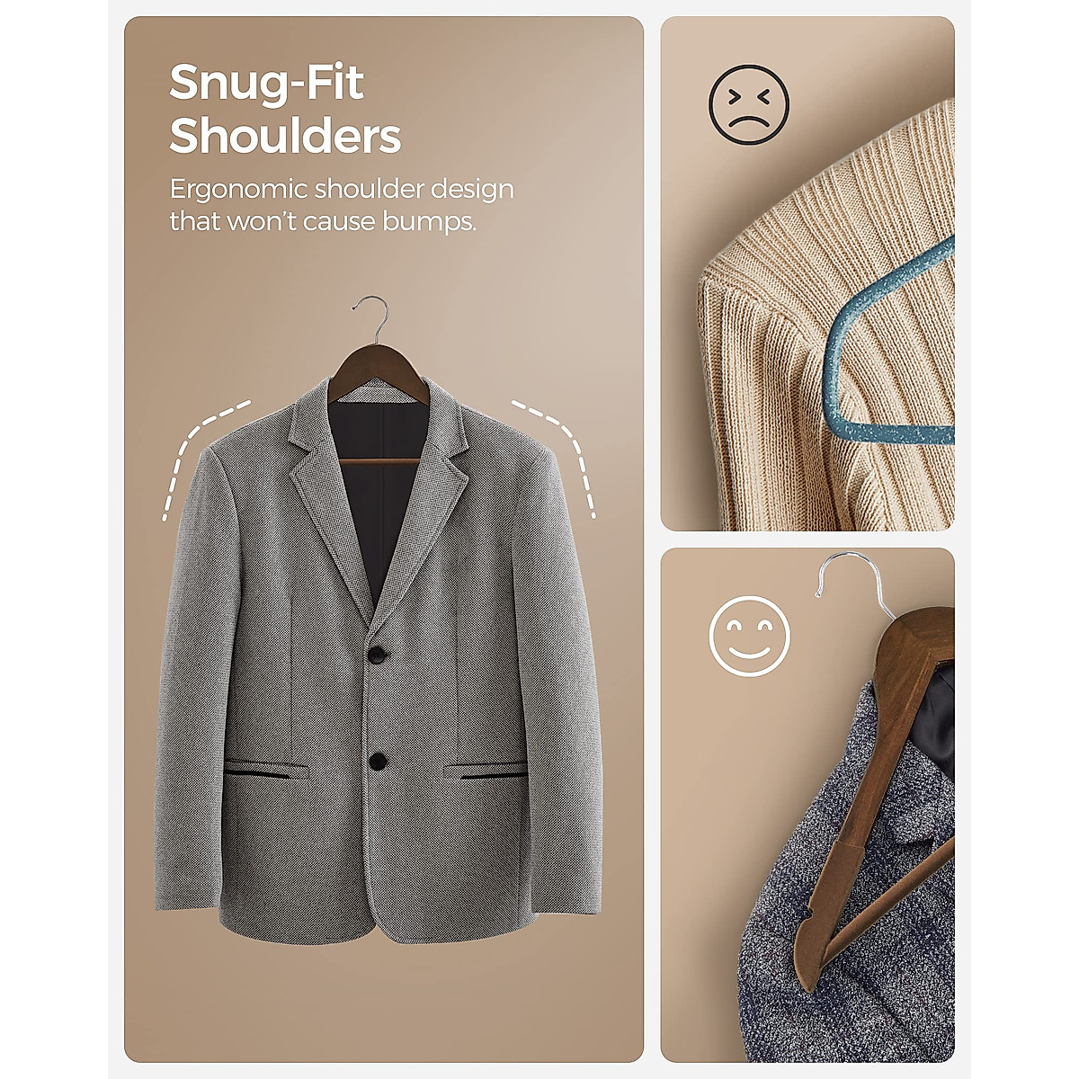 SONGMICS Velvet Wooden Hangers, Set of 20 Wooden Hangers with Velvet Surface, Non-Slip Coat Hangers with Shoulder Grooves, Pants Bar, 360° Swivel Hook, for Jackets Shirts, Dark Walnut UCRW012V02