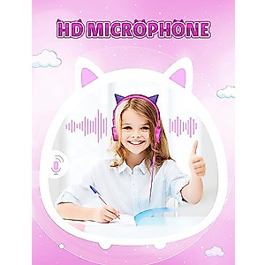 SIMJAR Cat Ear Kids Headphones with Microphone for School, Volume Limiter 85/94dB, Wired Girls Headphones with Foldable Design for Online Learning/Travel/Tablet/iPad (Purple)