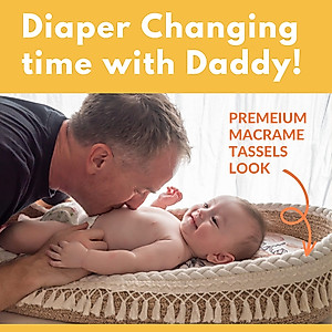 Baby Changing Basket Kit - Macrame Boho Moses Basket for Babies, Handmade 100% Cotton, Woven Portable Nursery Decor, Waterproof Pad & Floral Pad, Milestone Cards, Changing Table Topper for Dresser