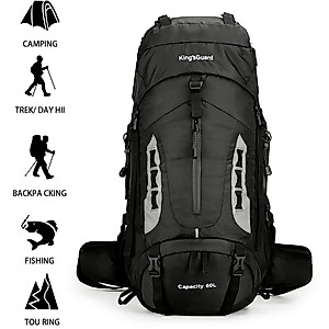 FreeKnight 60L Waterproof Lightweight Hiking Backpack Camping Travel Daypack with Rain Cover Outdoor Sport Bag for Climbing Fishing Men Women, Black