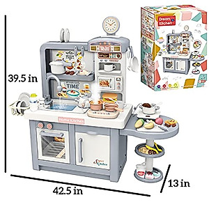 Large Pretend Play Kitchen Toys with Sink, Role Play Kitchen Playset, Pot and Pan, Cooking Stove with Spray Realistic Light and Sound, Cutting Food, Kitchen Accessories Set for Kids Toddlers
