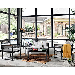 Patiorama 4 Piece Patio Furniture Set, Outdoor Wicker Bistro Set, All-Weather Black PE Rattan Conversation Set w/Coffee Table, Loveseat, Wood-like Armrest, Cushions for Garden Balcony Deck, Light Grey