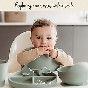 Yunioo Extra Heavy Silicone Baby Feeding Set Essentials, Premium 9-Piece Set of Baby Led Weaning Supplies with Silicone Baby Plate with Lid, Superior Suction Bowl and Baby Utensils - Green