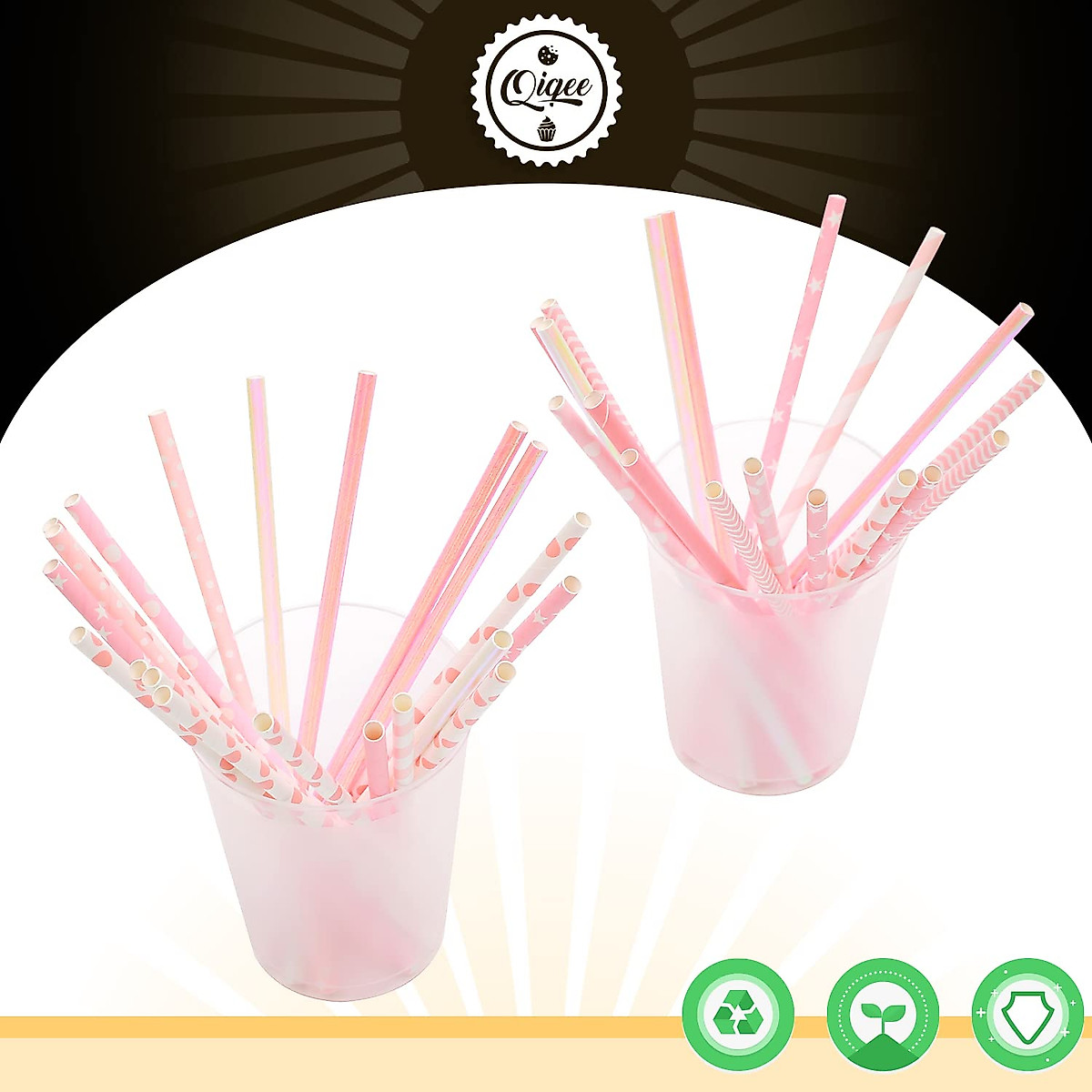 Pink Paper Straws for Drinking Pink Disposable Straws 150pcs Disposable Straws Bulk（10 Pattern） qiqee