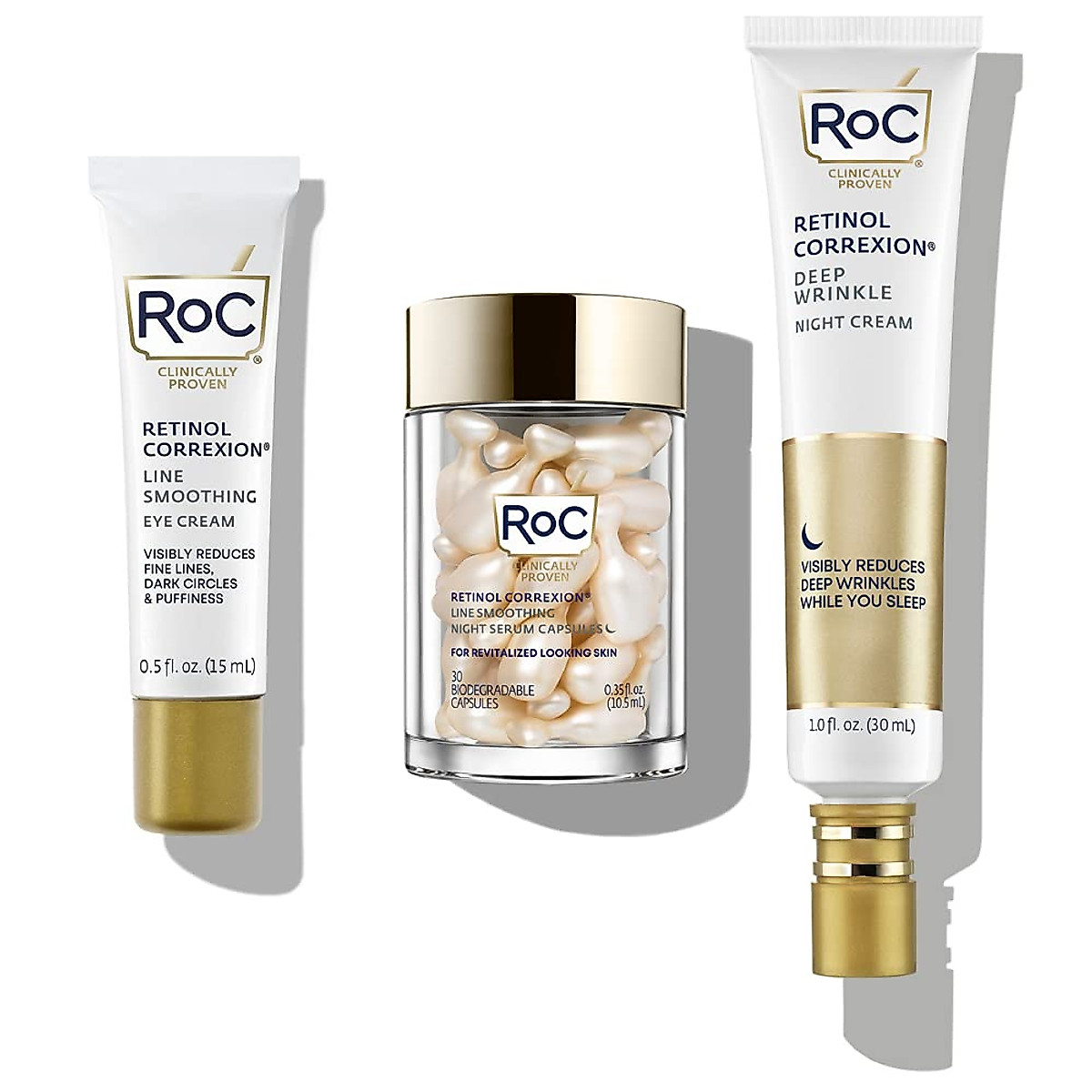 RoC Retinol PM Rituals Bundle: RoC Retinol Serum Night Capsules + Deep Wrinkle Night Cream + RoC Eye Cream for anti-wrinkles, dark circles, and puffy eyes