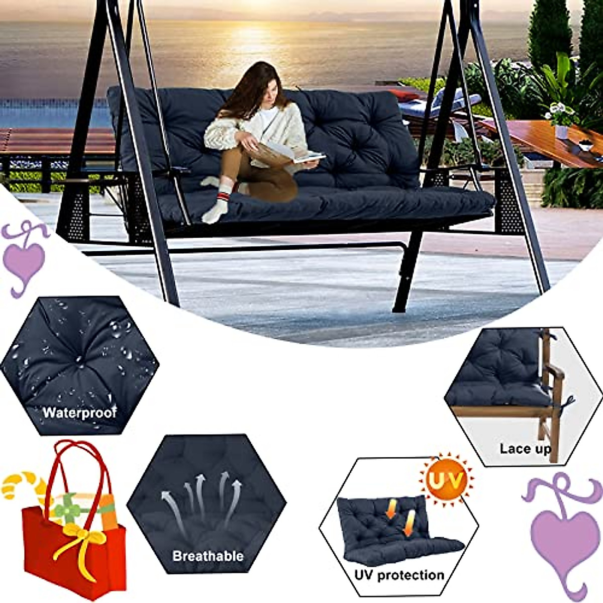 Dttra Garden Bench Seat Cushion, Waterproof Swing Replacement Cushions with Backrest and Ties, Outdoor Porch Patio Swing Non-Slip Chairs Pad (A, 40 * 60in)