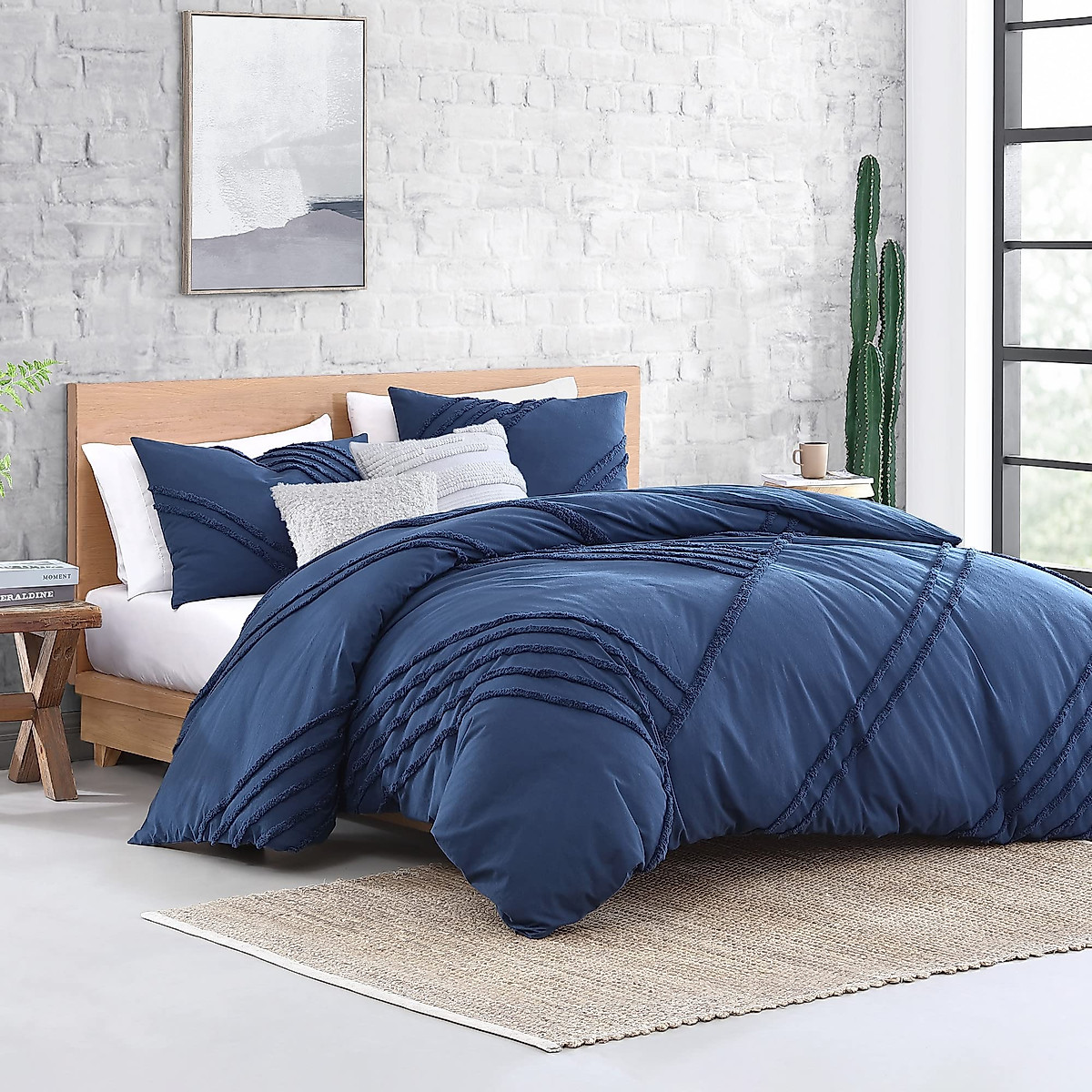DKNY Bedding Chenille Block 3-Piece Cotton Duvet Cover Set, Full/Queen, Denim Blue
