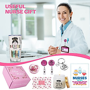 AYGE Nurse Gifts for Women, Nurses Week Gifts 2024- Thoughtful Nurse Appreciation Gift Set - Includes Stainless Steel Tumbler, Candle, Keyring, Bath Bomb, Badge Holder Reel, and Greeting Card