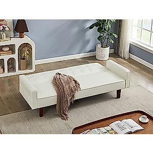 NAHMEY 74" Sleeper Sofa Couch Bed Convertible Sofa, Faux Leather Linen Folding Sofa Bed, Sleeper Couch with Wooden Legs for Living Room, Bedroom