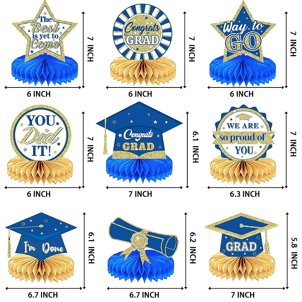 9 pieces of graduation party decoration Class of 2024 Congrats Graduation Honeycomb Centerpieces,Graduation，Congratulations Graduation honeycomb desktop decoration (Blue gold)